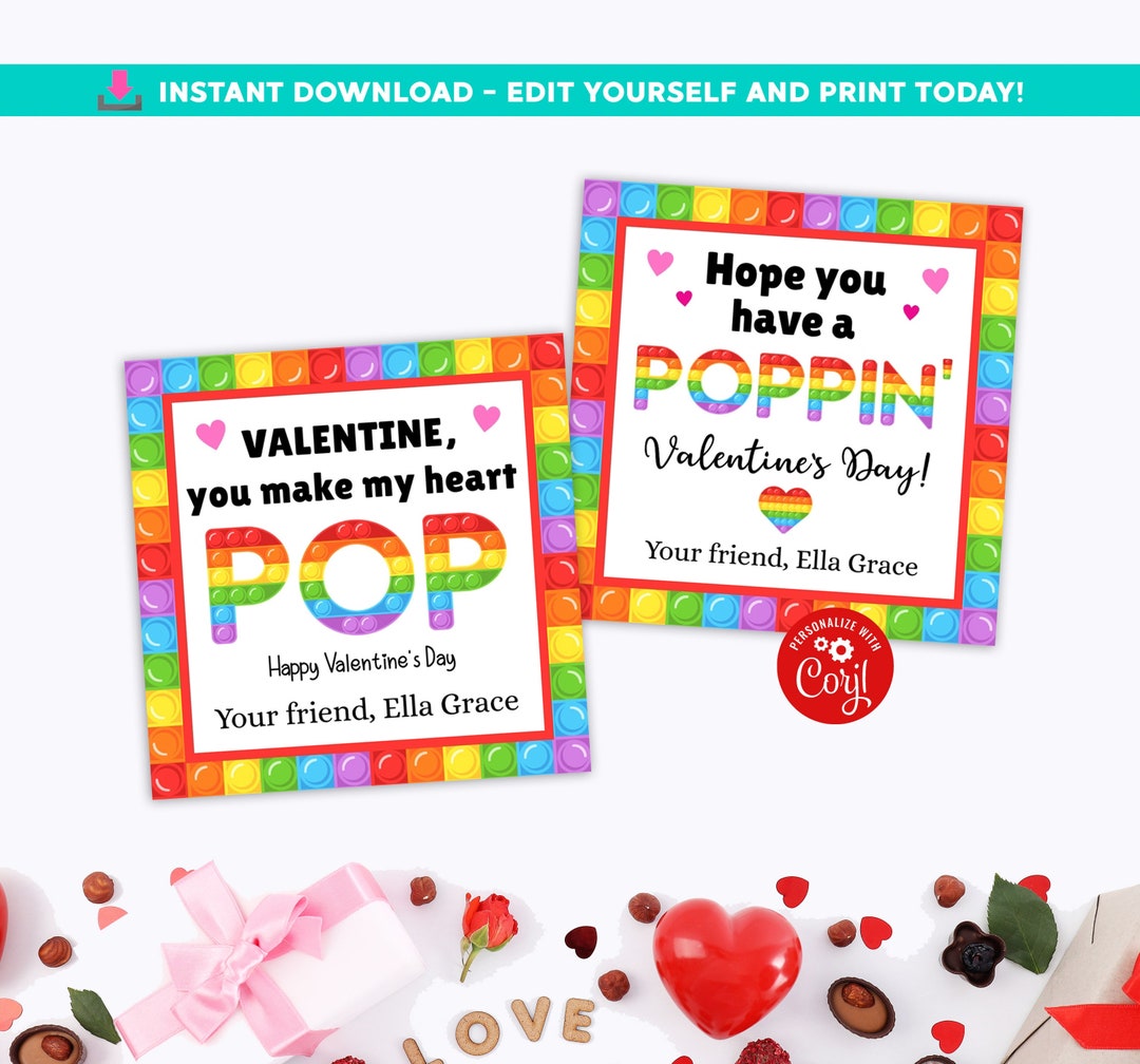 Pop It School Valentine Cards Classmate Valentines EDITABLE in Corjl ...