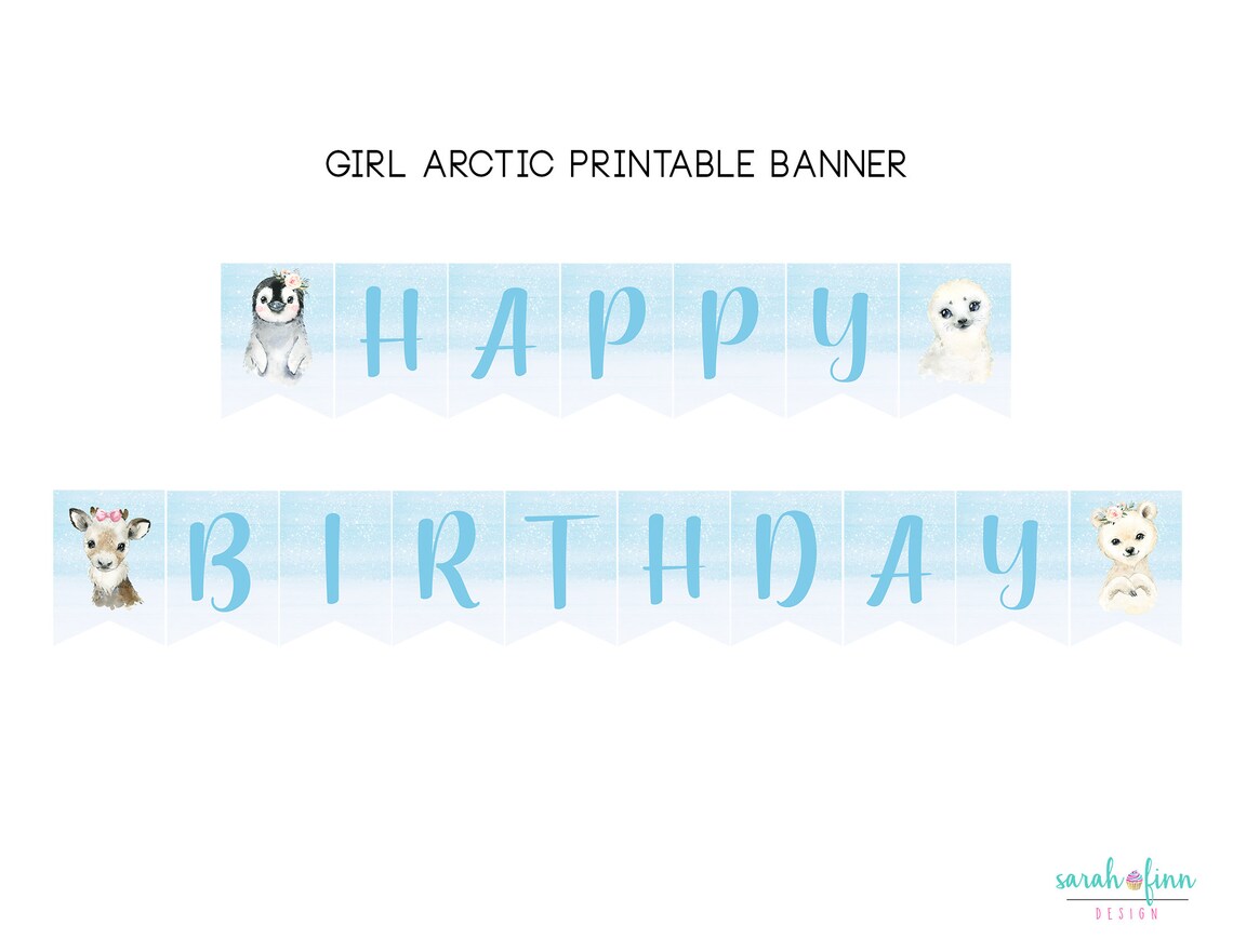 Arctic Animals Girl Happy Birthday Banner Printable Instant - Etsy