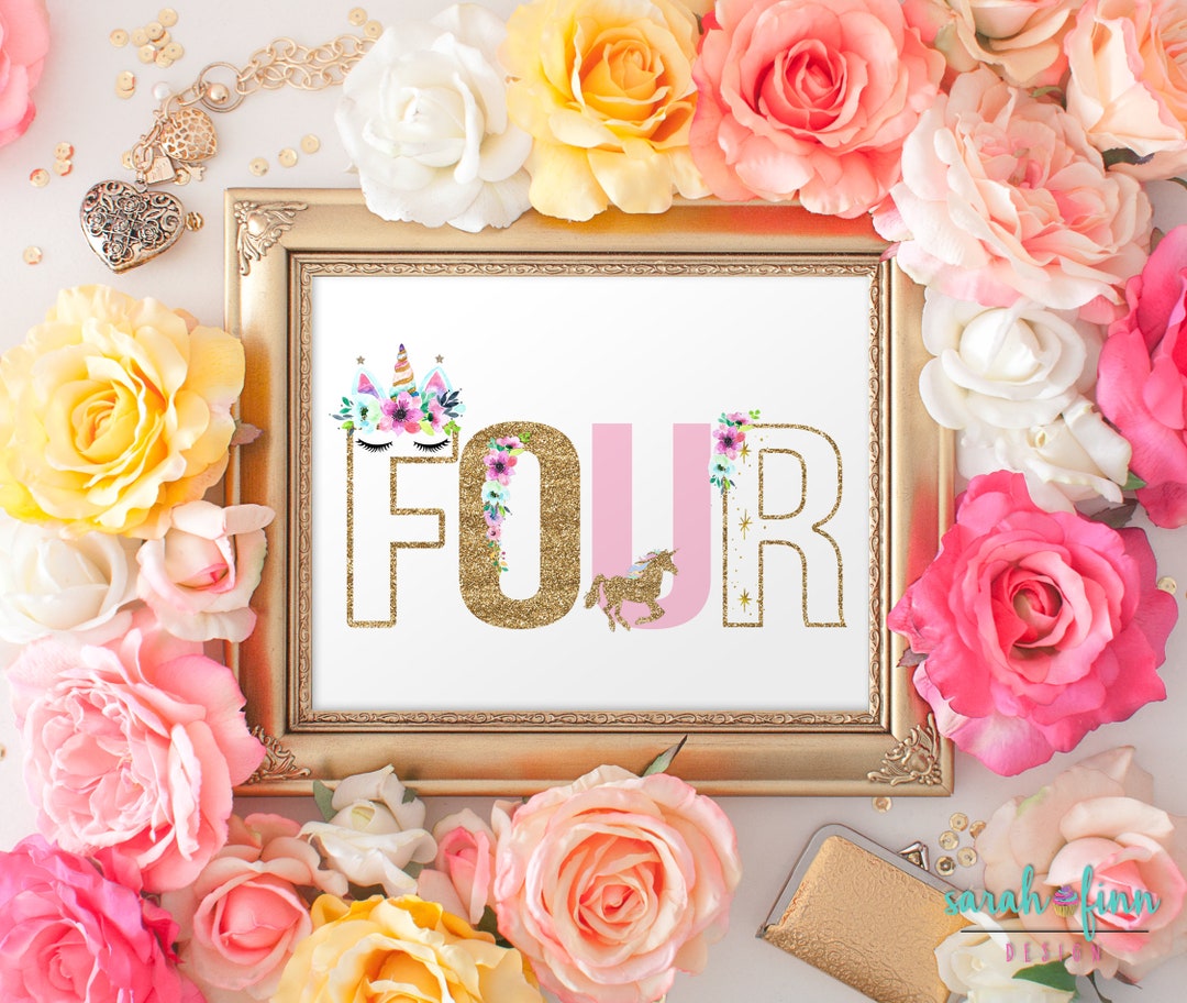 Unicorn Letters Letter FOUR Printable Unicorn Letter Art Fourth 4th ...