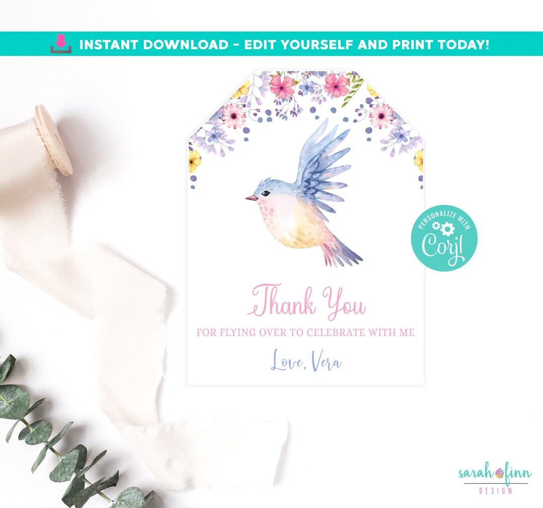 Bird Favor Tags Floral Bird Birthday Baby Shower Birdie Thank You Tags ...