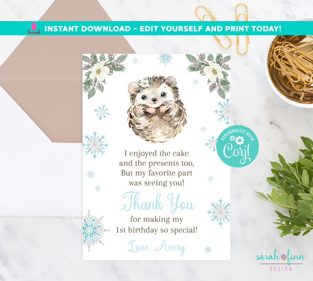 Winter Hedgehog Thank You Card Party Thank You Instant Download Edit ...