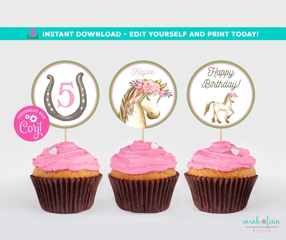 Editable caballo Cupcake Toppers imprimible Pony fiesta | Etsy España