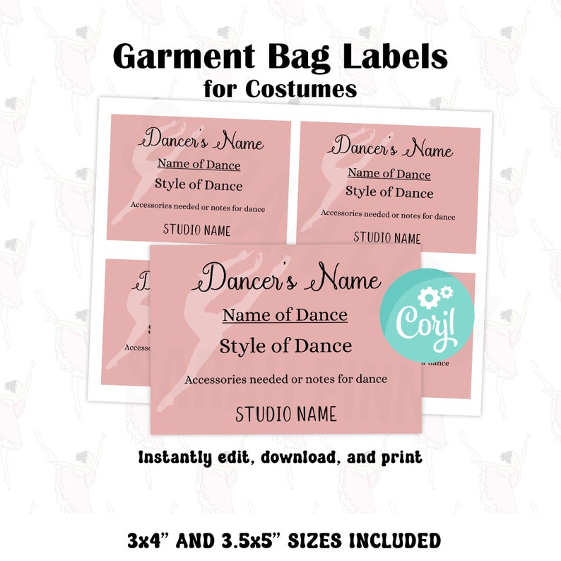Dance Costume Cards Printable Garment Bag Labels for Dance Cheer ...