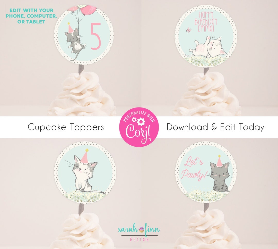 Kitten Birthday Cupcake Toppers Editable Cat Party Decor Cupcake Topper ...