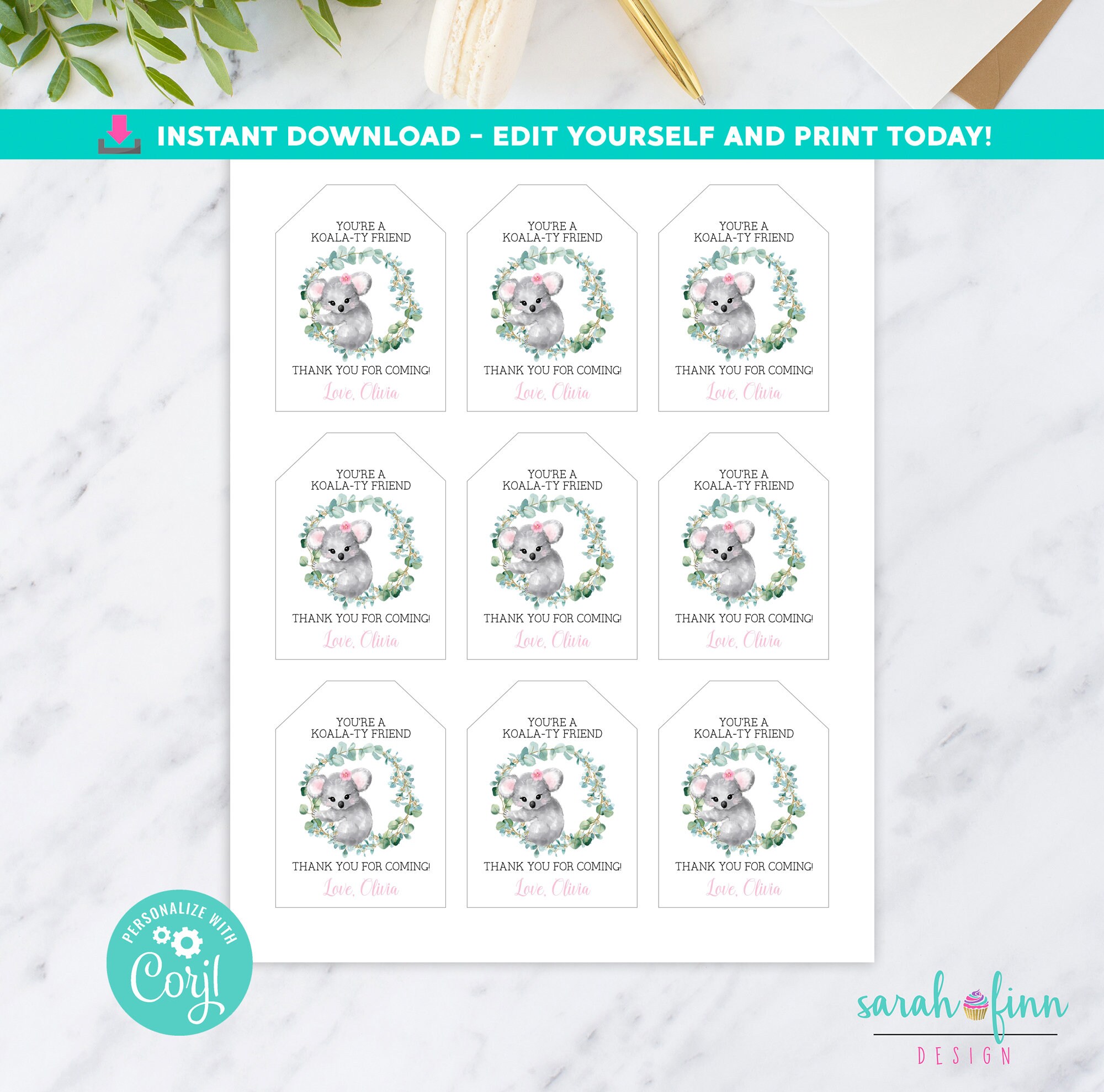 Koala Favor Tags Printable Koala Birthday Thank You Tags - Etsy
