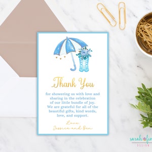 April Showers Thank You Card Boy Baby Shower Blue Umbrella Rain Boots ...
