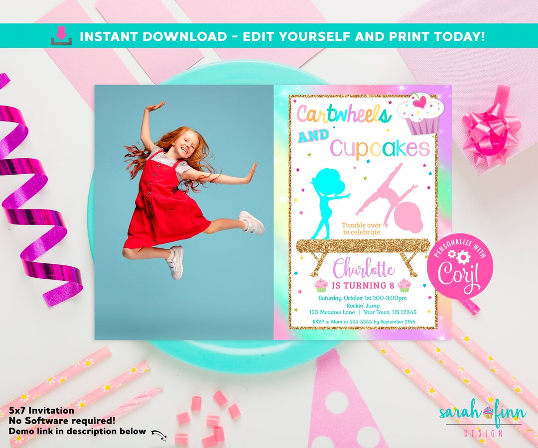 Editable Cartwheels and Cupcakes Birthday Invitation PHOTO Gymnastics ...