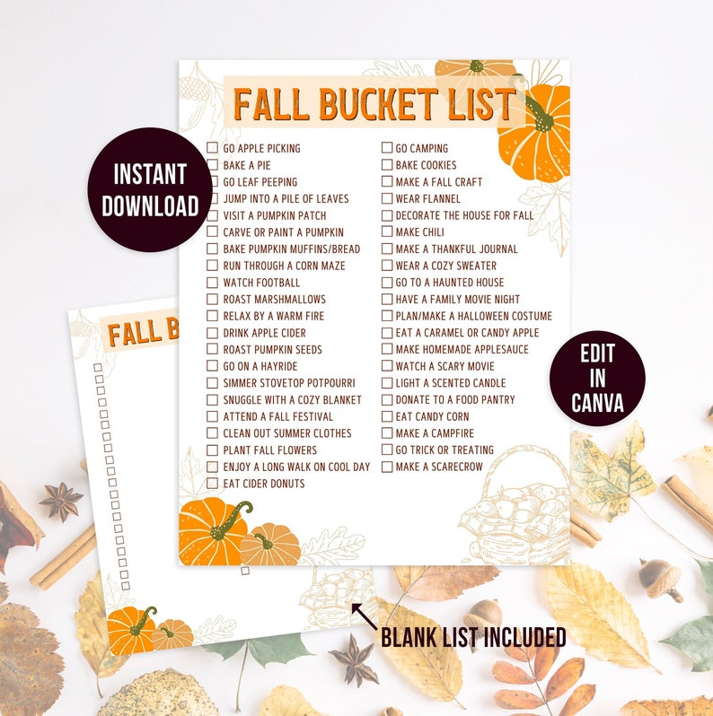 Fall Bucket List Printable Checklist of Fall Activities Autumn ...