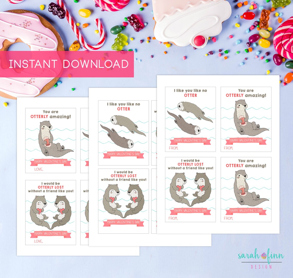 Otter Valentines Day Cards for Kids INSTANT DOWNLOAD - Etsy