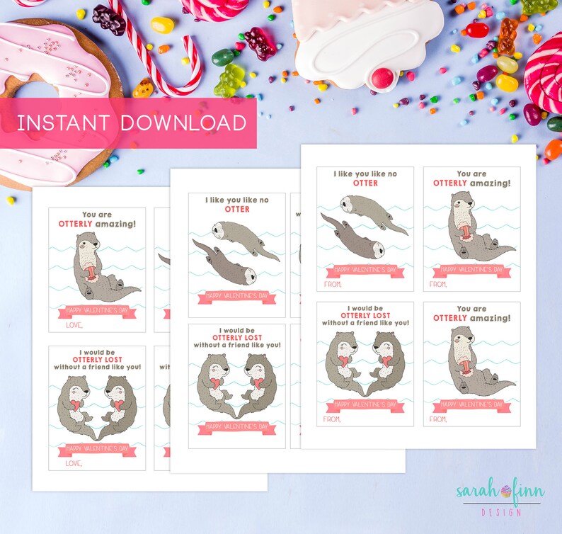 Otter Valentines Day Cards for Kids INSTANT DOWNLOAD - Etsy