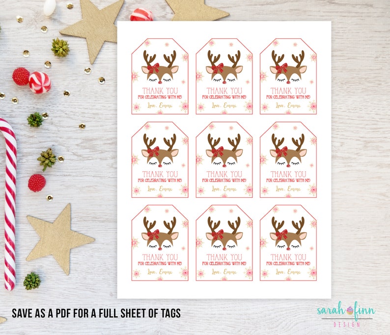 EDITABLE Girl Reindeer Deer Birthday Favor Tags Party Thank - Etsy