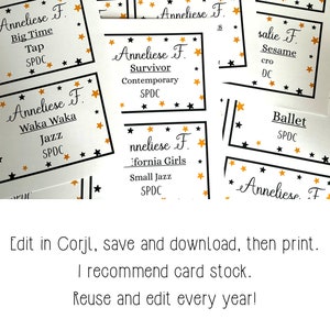 Dance Costume Cards Printable Garment Bag Labels for Dance Cheer ...