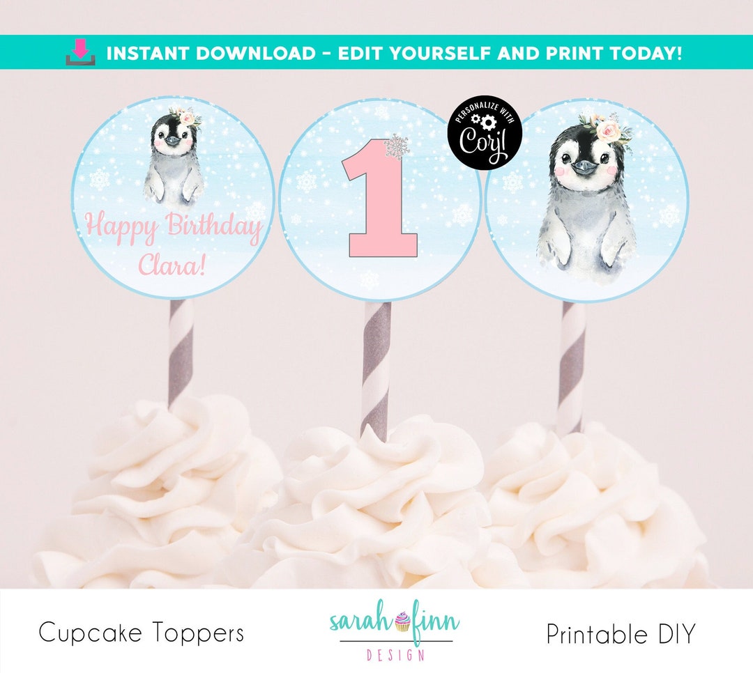 Penguin Birthday Cupcake Toppers Editable Penguin Girl Party Decor ...