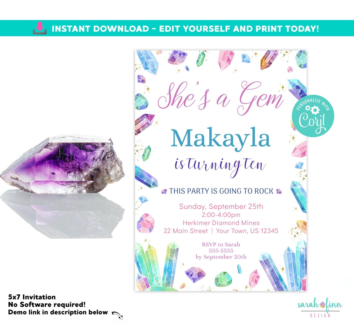 Editable Gem Birthday Invitation Gemstone Party Invite Jewel - Etsy