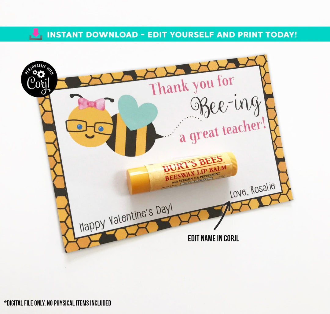 Editable Bee Valentines Day Card for Teacher Lip Balm Valentine for ...