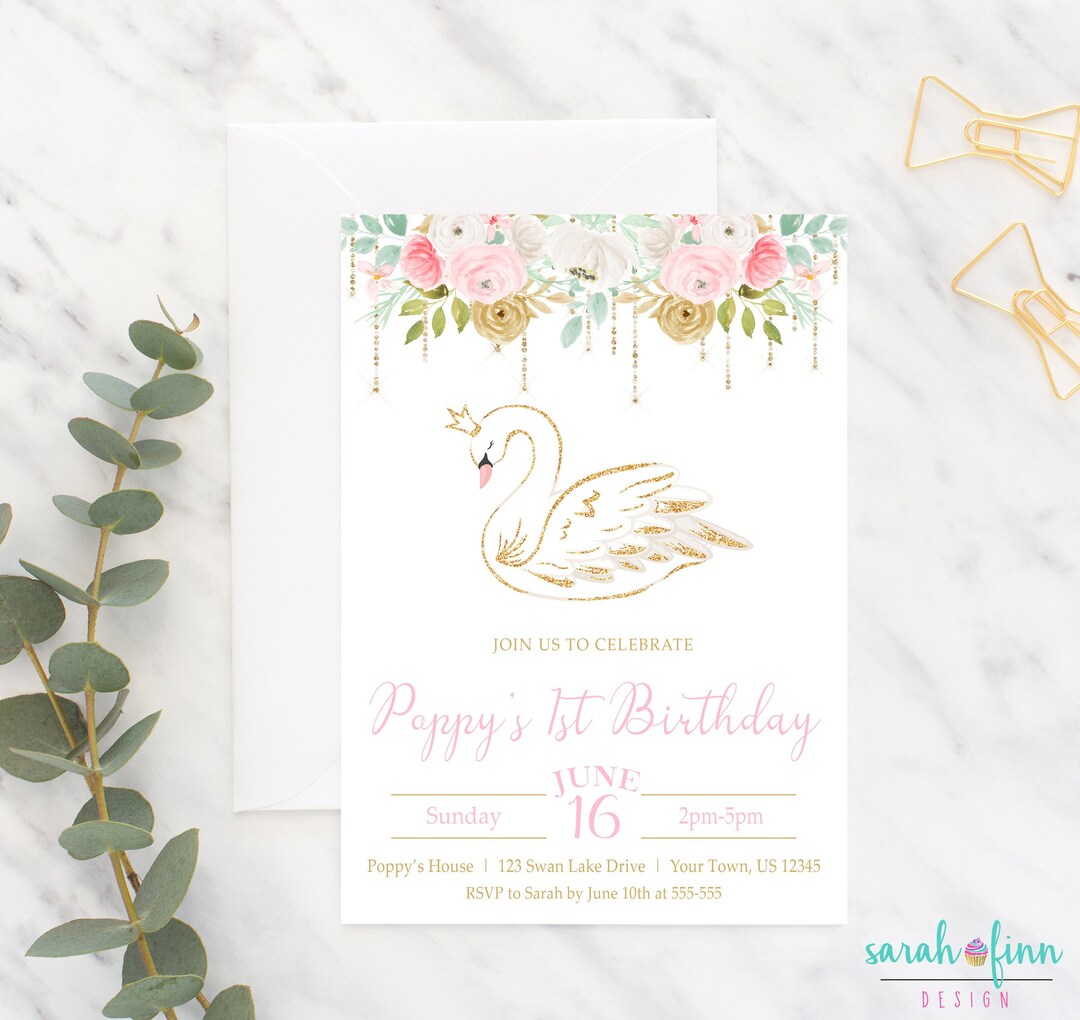 Swan Birthday Invitation Blush Pink Gold Swan Birthday Party Swan ...