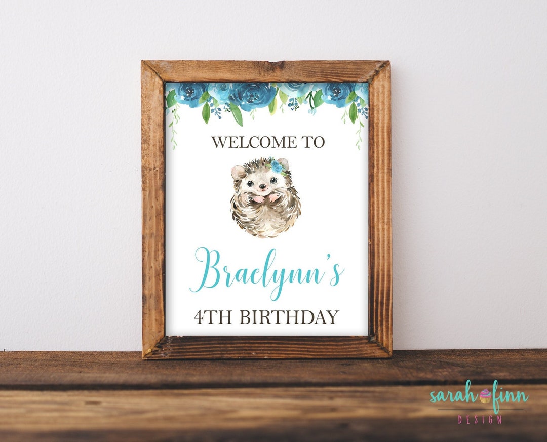 Hedgehog Birthday Welcome Sign Hedgehog Blue Teal Floral Woodland Party ...