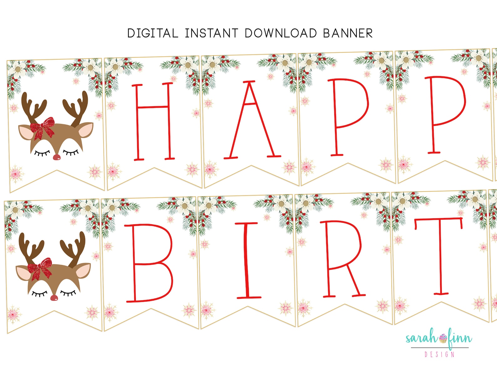 Reindeer Happy Birthday Banner Printable Girl Deer Instant - Etsy