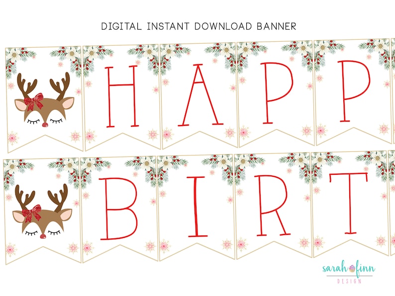 Reindeer Happy Birthday Banner Printable Girl Deer Instant - Etsy
