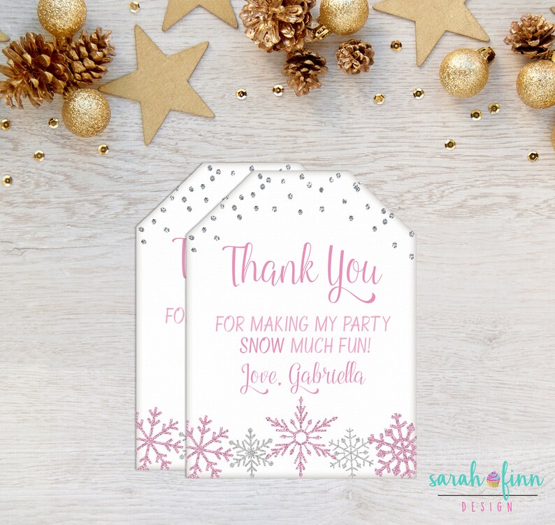 Pink Snowflake Tags Winter Birthday Favor Tags Silver Winter - Etsy
