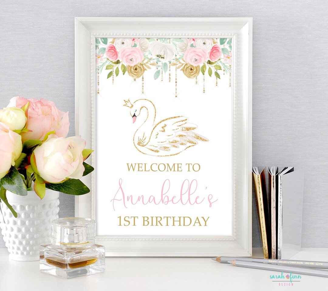 Swan Welcome Sign Blush Pink First Birthday Swan Baby Shower Decor Sign ...