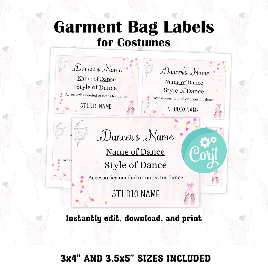 Dance Costume Cards Printable Garment Bag Labels for Dance Cheer ...