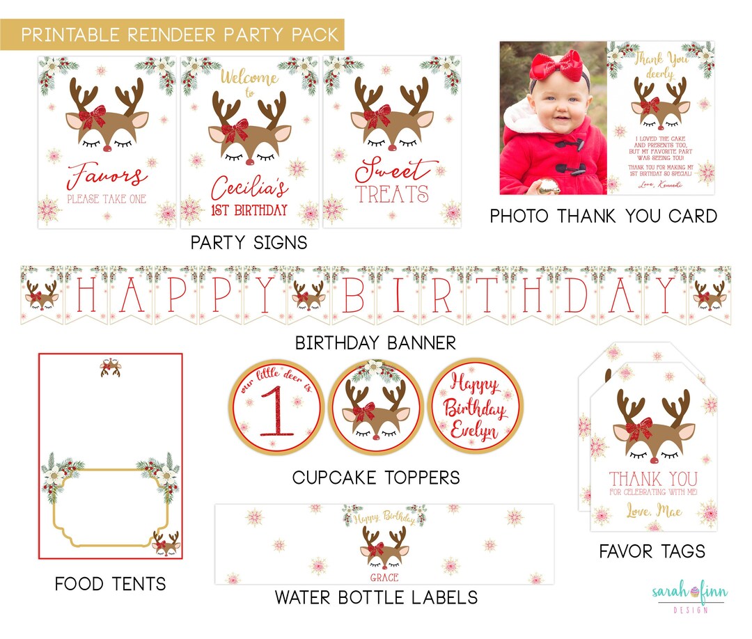Girl Reindeer Birthday Printable Party Pack First Birthday Christmas ...