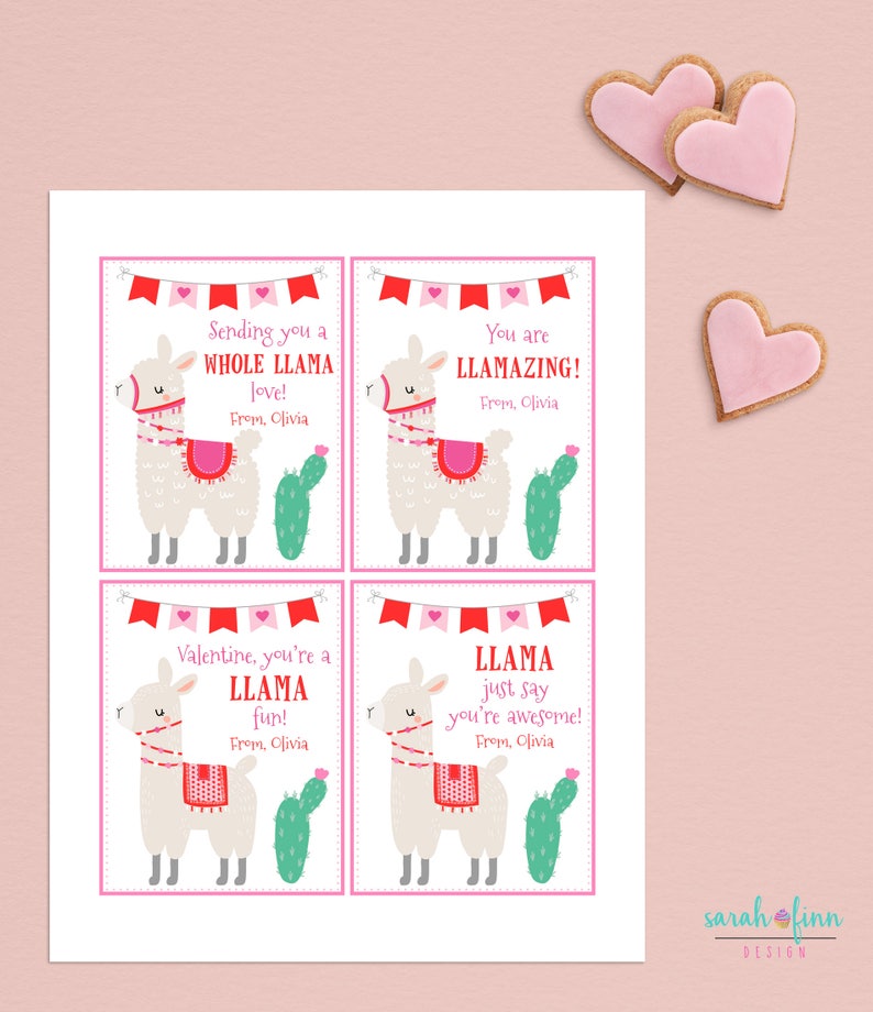 Llama Kids Valentines Day Cards School Alpaca Cactus Valentine's Friend ...