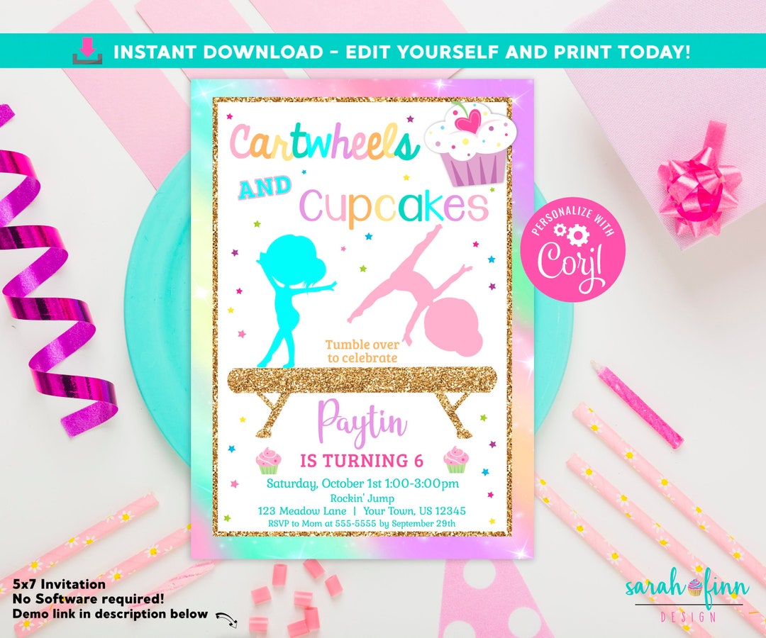 Editable Cartwheels and Cupcakes Birthday Invitation Gymnastics Party ...