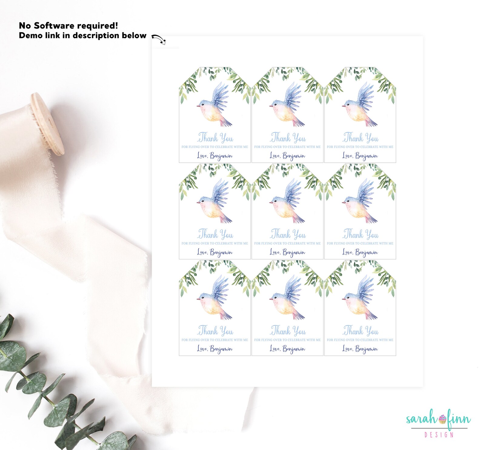 Bird Favor Tags Spring Bird Birthday Greenery Baby Shower Thank You ...