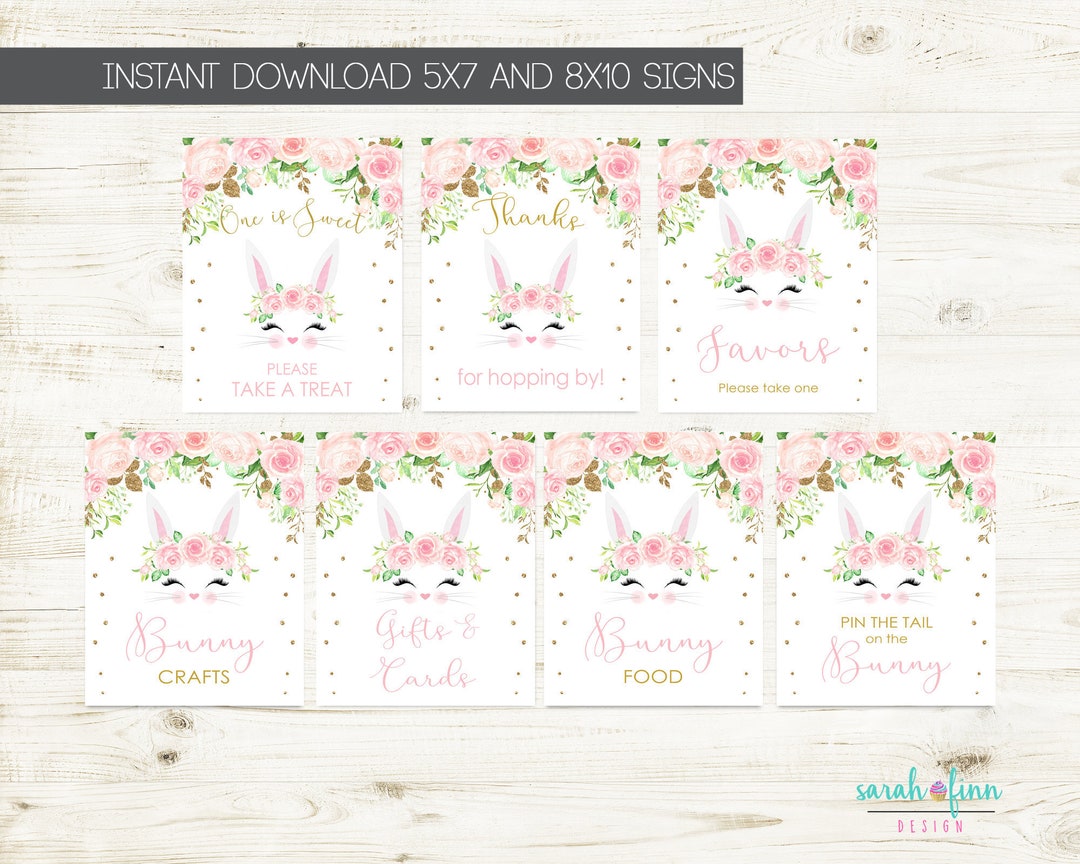 Bunny Birthday Party Signs Set Printable Blush Bunny 1st Birthday Party ...