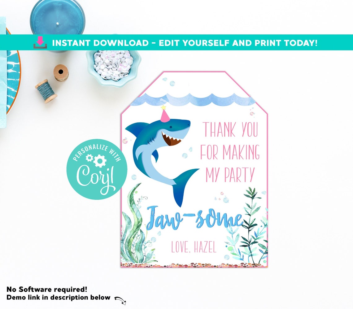 Shark Favor Tags Girl Shark Thank You Tags Printable Under the | Etsy