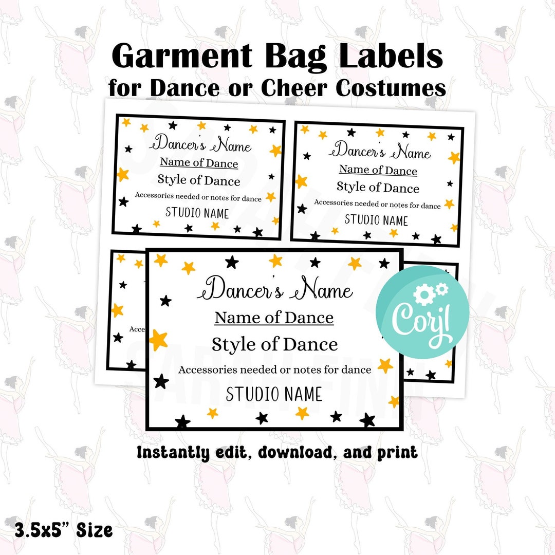 Dance Costume Cards Printable Garment Bag Labels for Dance Cheer ...