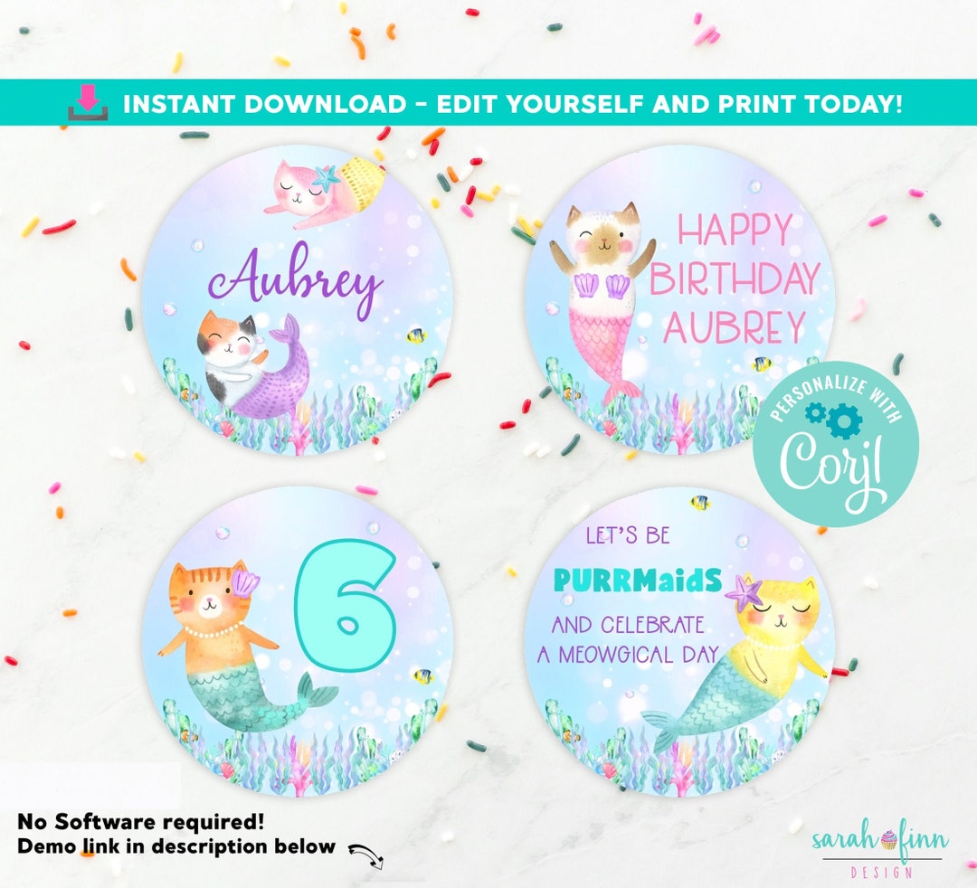 Mercat Birthday Cupcake Toppers Editable Mermaid Party Decor Cat ...