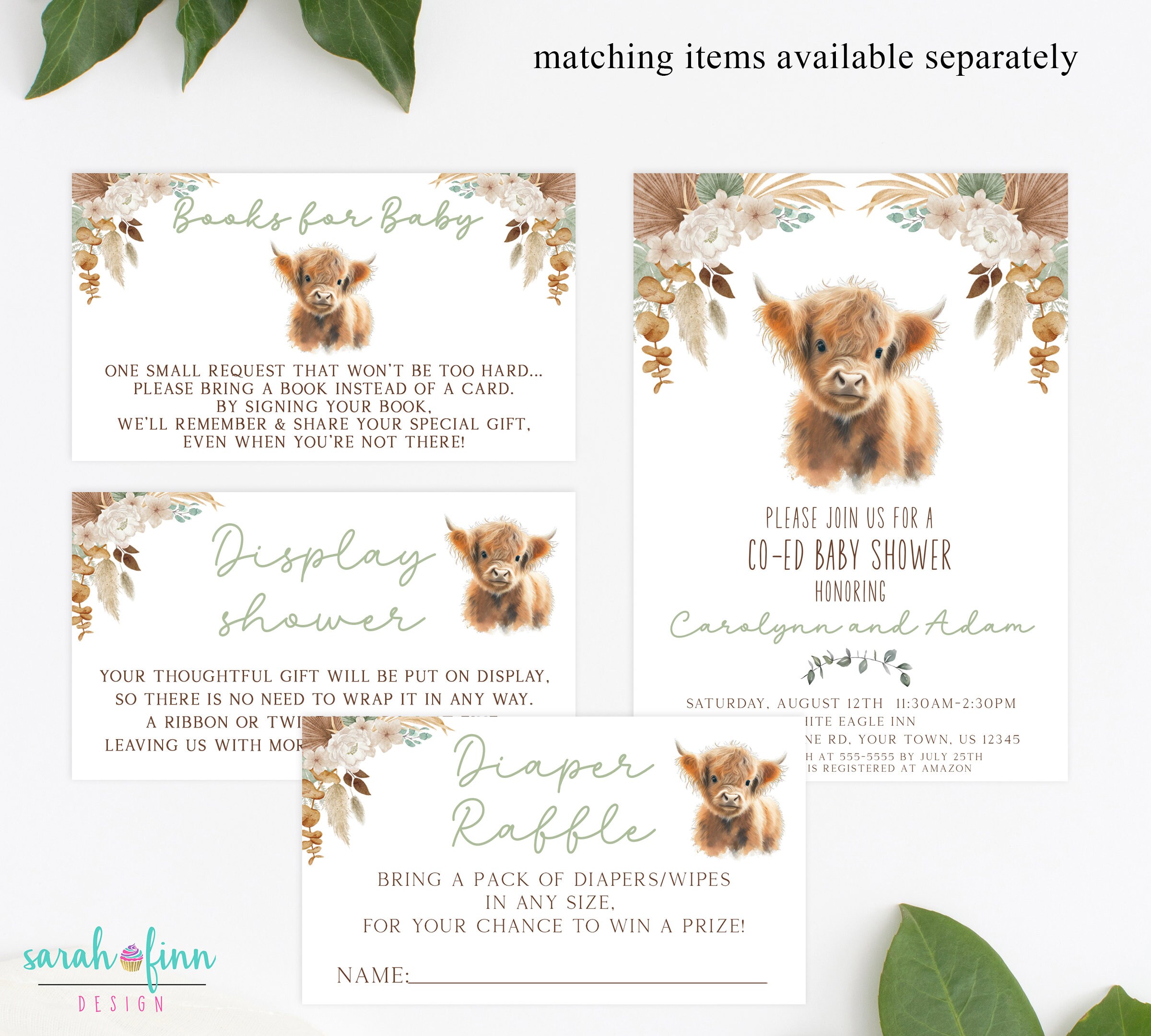 Highland Cow Display Shower Cards Printable Inserts Boho Baby Shower ...