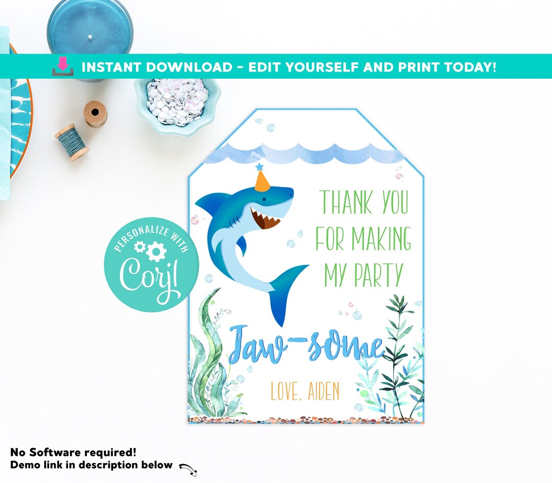 Shark Favor Tags Boy Shark Thank You Tags Printable Under the Sea ...