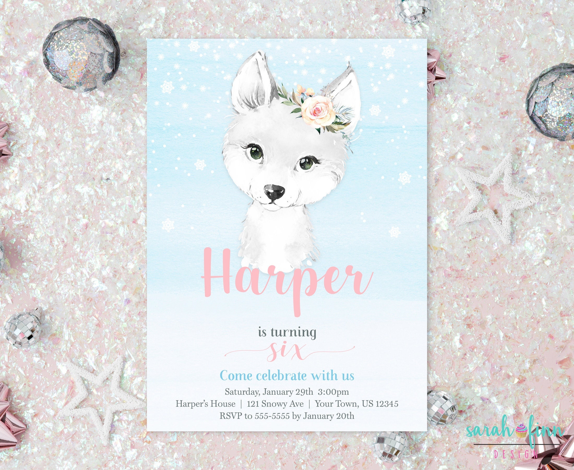 Arctic Fox Invitation White Fox Birthday Party Invite Artic - Etsy