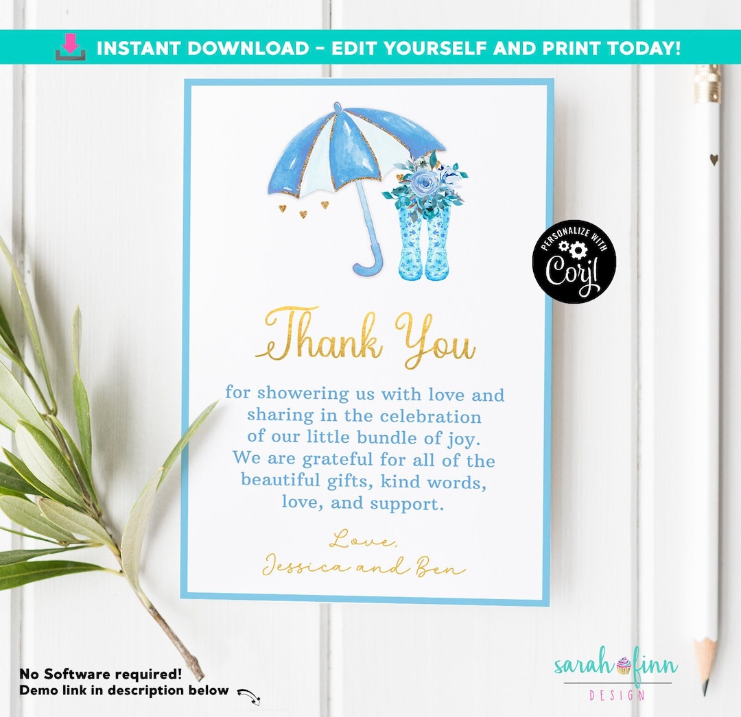 April Showers Thank You Card Boy Baby Shower Blue Umbrella Rain Boots ...