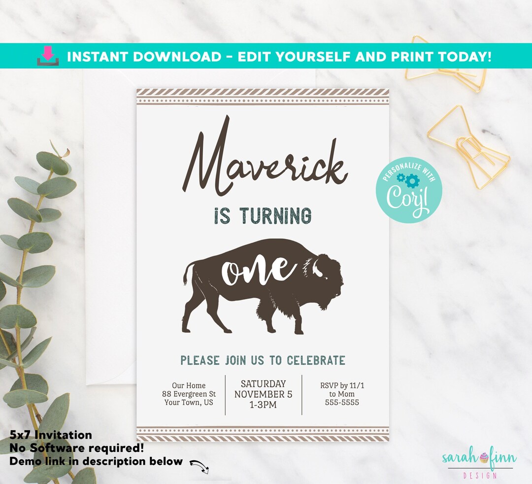 Editable Buffalo Birthday Invitation Boy Bison Party Invite Instantly ...