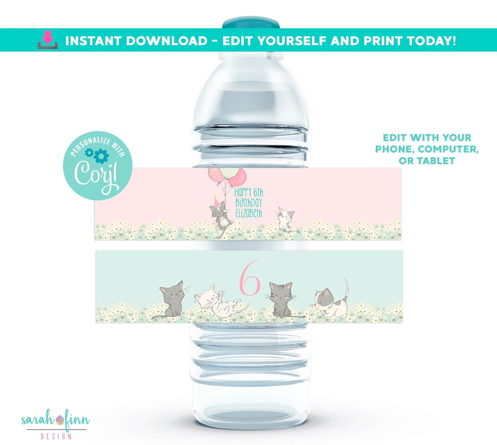 Kitten Water Bottle Labels Cat Party Printables Kitten | Etsy