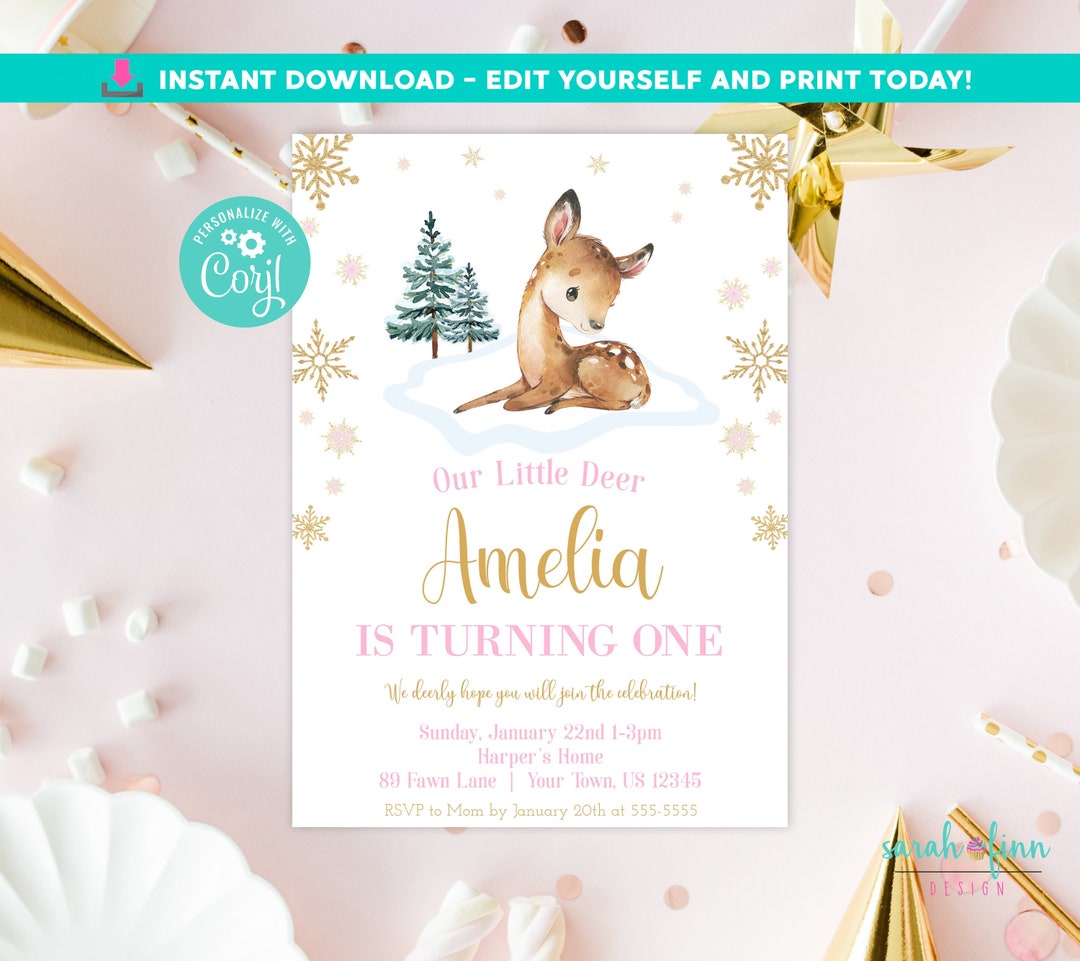 Editable Fawn Invitation Our Little Deer Birthday Party Invite Girl 1st ...