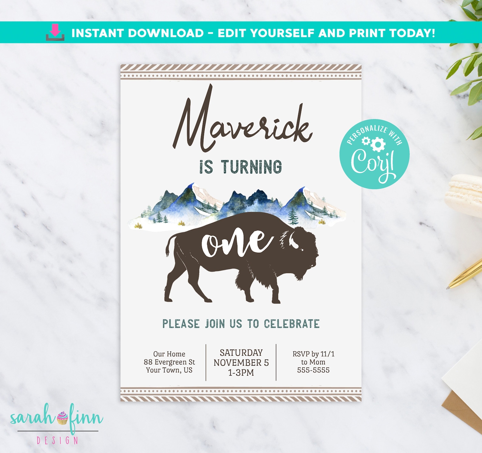 Editable Buffalo Birthday Invitation Boy Bison Party Invite Instantly ...