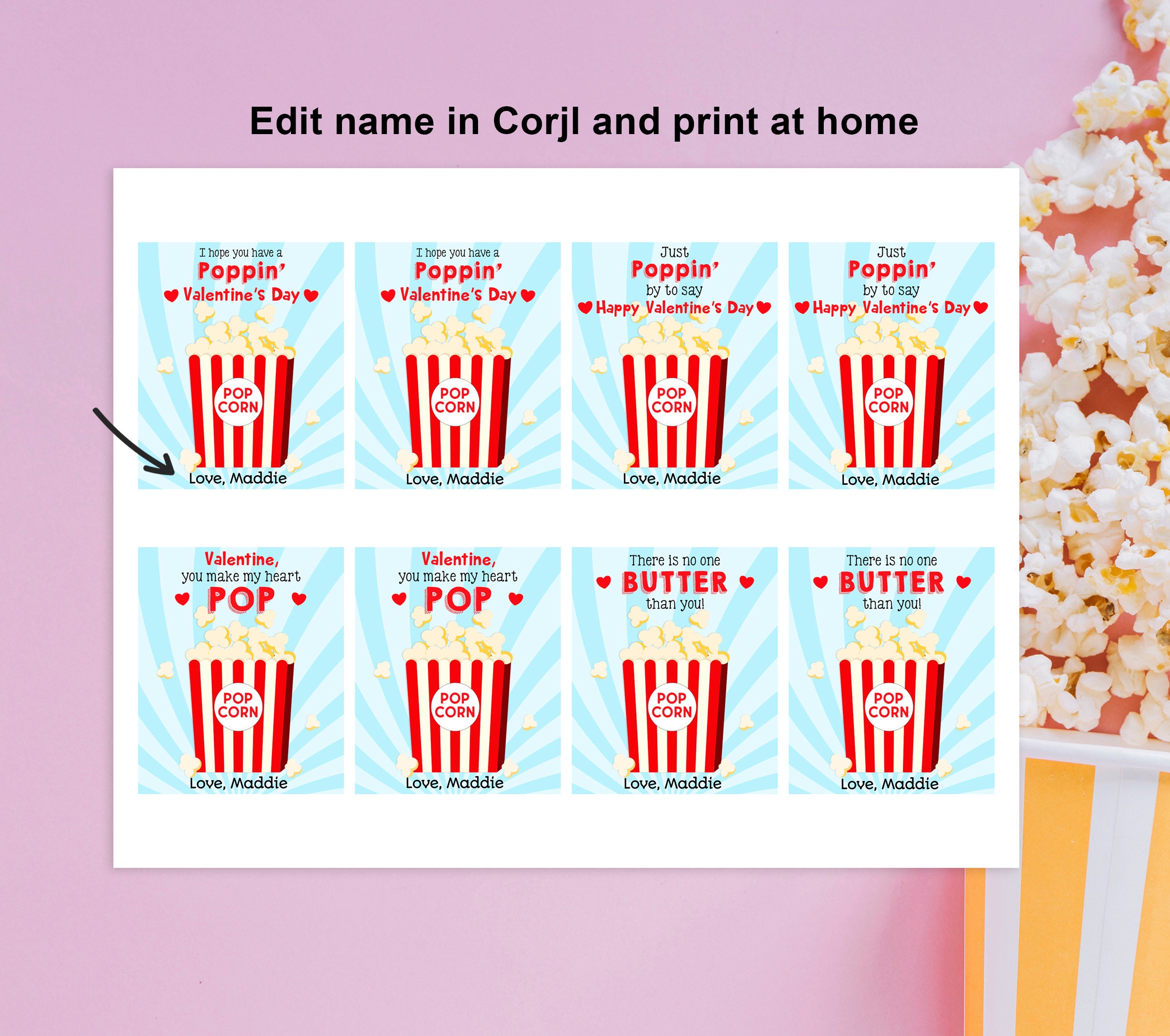 Popcorn School Valentine Cards Heart POP Classmate Valentines EDITABLE ...