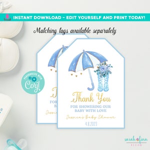 April Showers Thank You Card Boy Baby Shower Blue Umbrella Rain Boots ...
