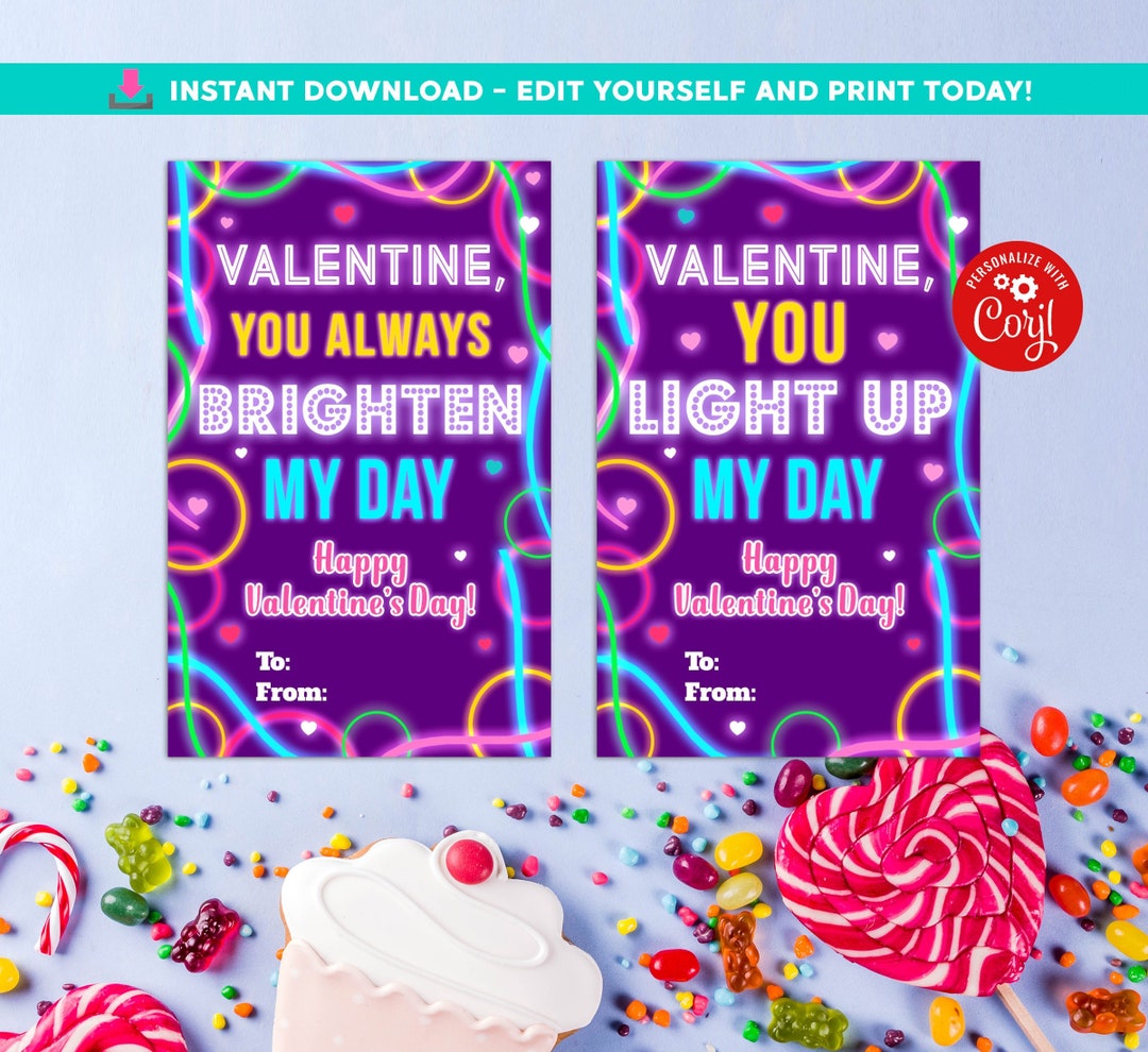 Glow Stick Valentine Cards Kids INSTANT Valentine's Day Cards Printable ...