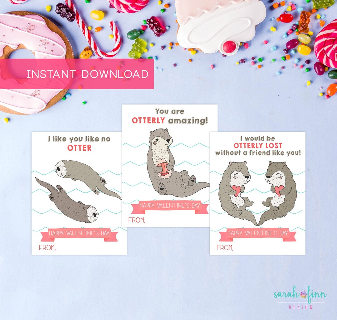 Otter Valentines Day Cards for Kids INSTANT DOWNLOAD Valentines Day ...