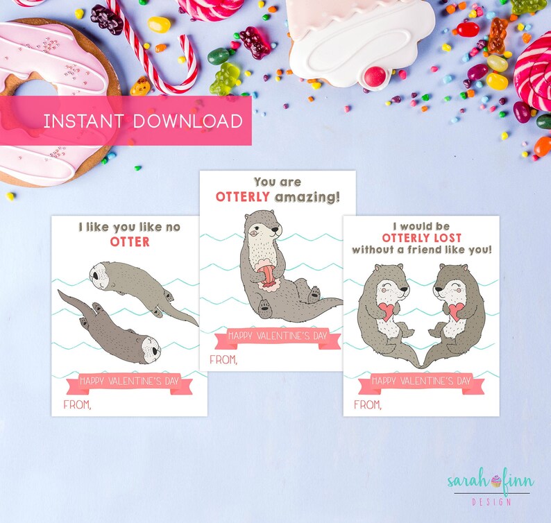 Otter Valentines Day Cards for Kids INSTANT DOWNLOAD - Etsy