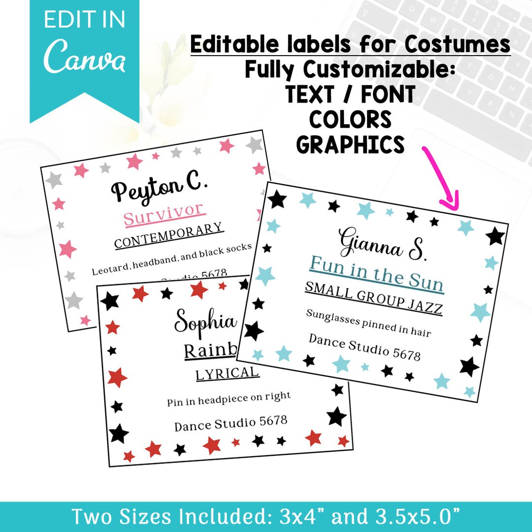 Dance Costume Cards Printable Garment Bag Labels for Dance Cheer ...