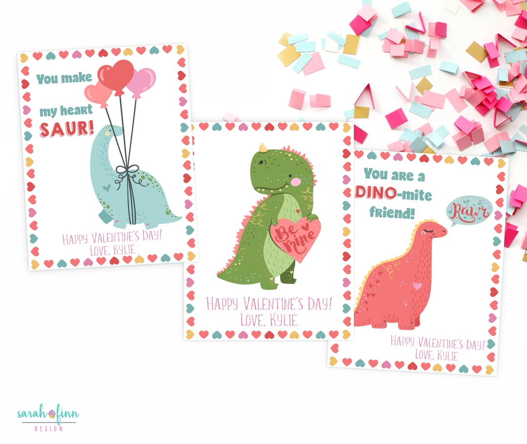 Dinosaur Kids Valentines Day Cards Dino School Valentine's Friend ...