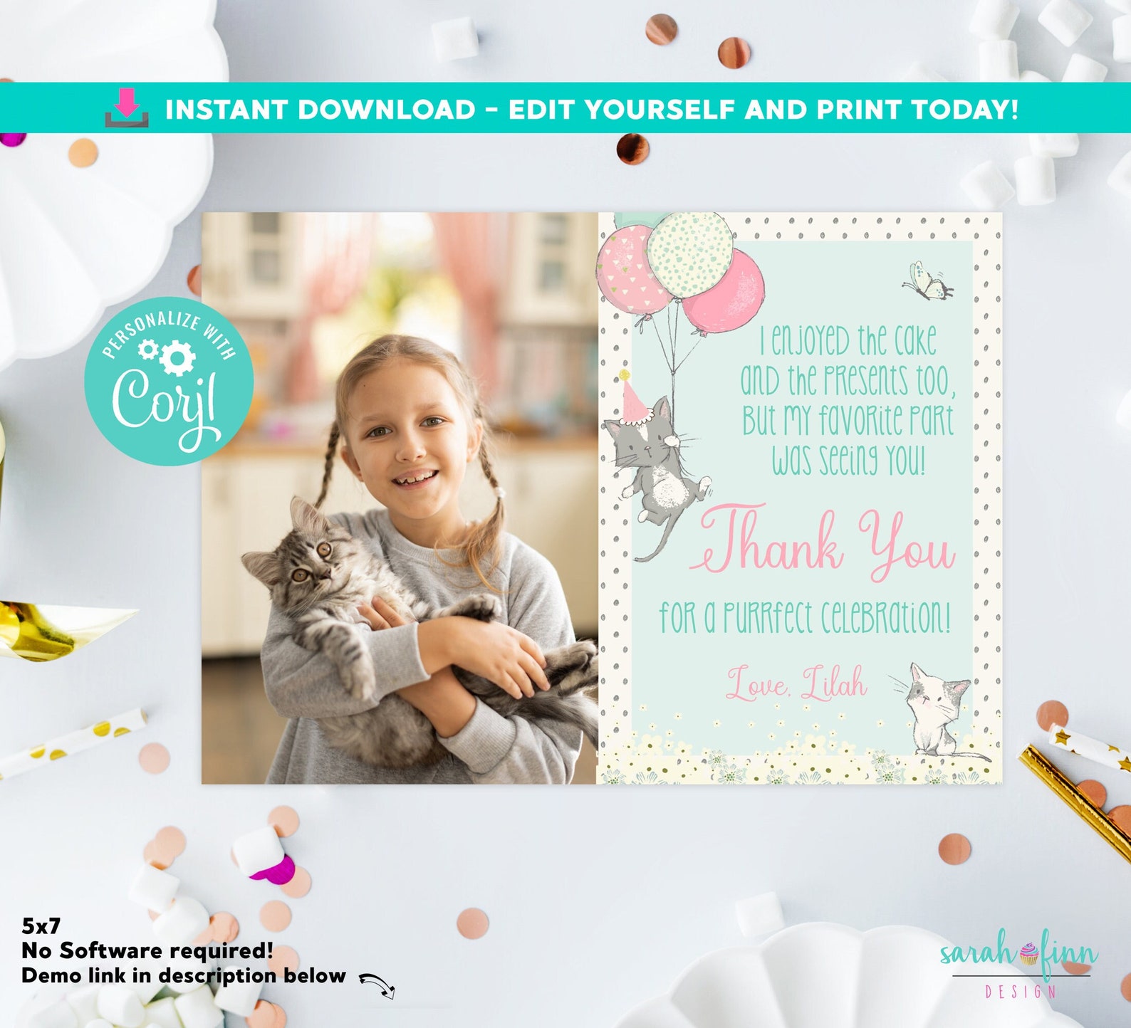 Kitten Thank You Card Printable Editable Cat Birthday Photo - Etsy